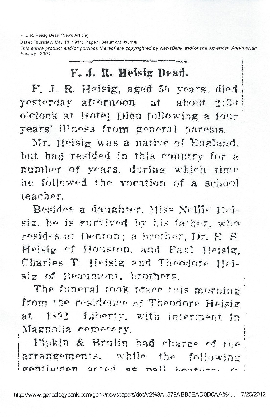 Ferdinand John Robert (FJR) Heisig, Jr. (1861-1911) | Geneagenie